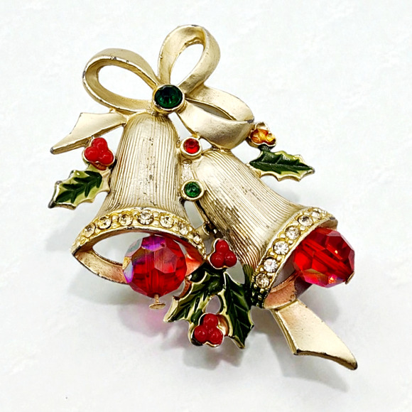 Vintage | Jewelry | Vintage 95s Christmas Bells Brooch With Red Jewel ...